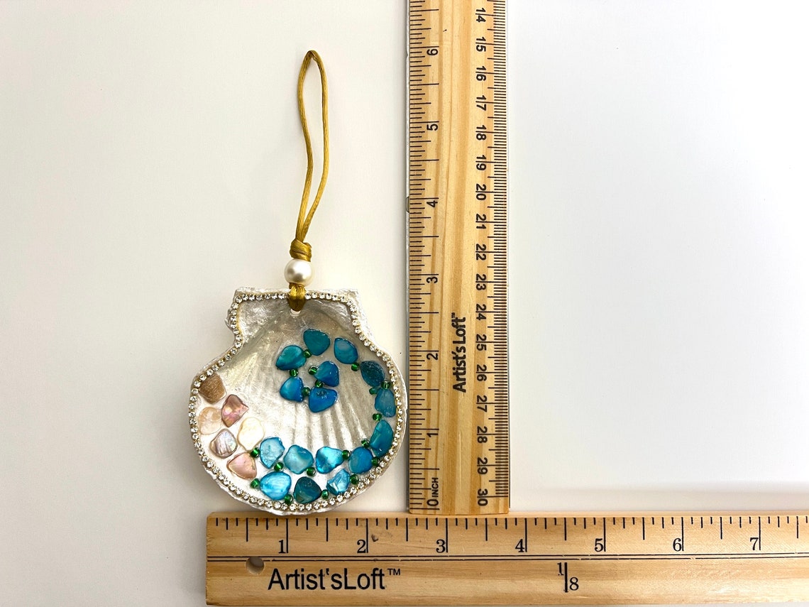 Shell Christmas Ornament, Scallop Shell, Mosaic, Ocean Wave, Palm Tree ...