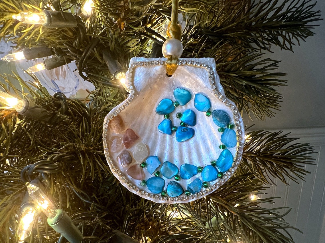Shell Christmas Ornament, Scallop Shell, Mosaic, Ocean Wave, Palm Tree ...
