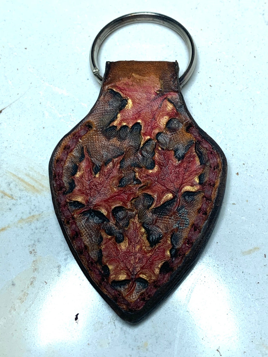 Tooled Leather Maple Leaf Keychain - Etsy