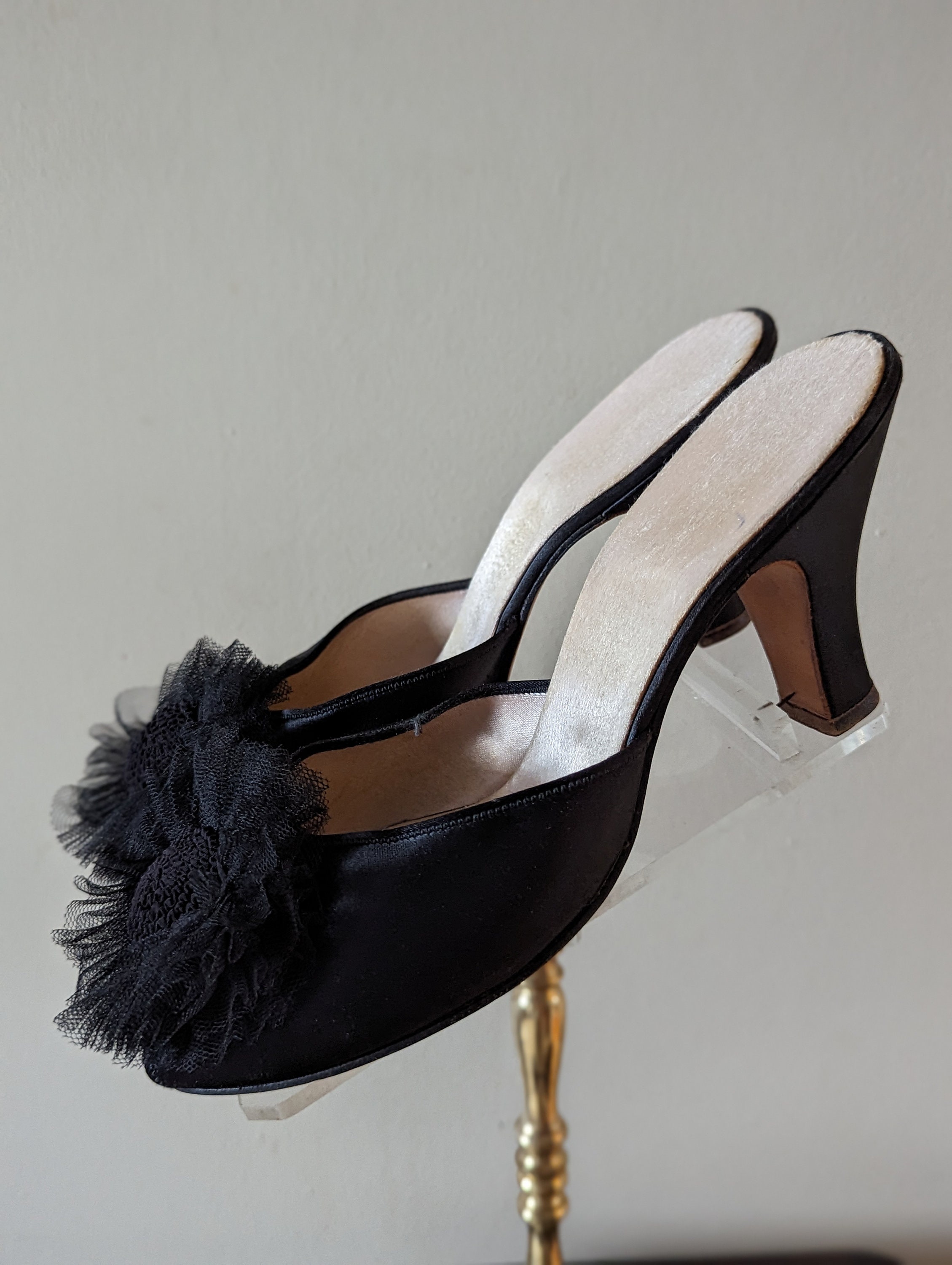1950s Black comfy Peep Toe Boudoir Slippers With - Etsy