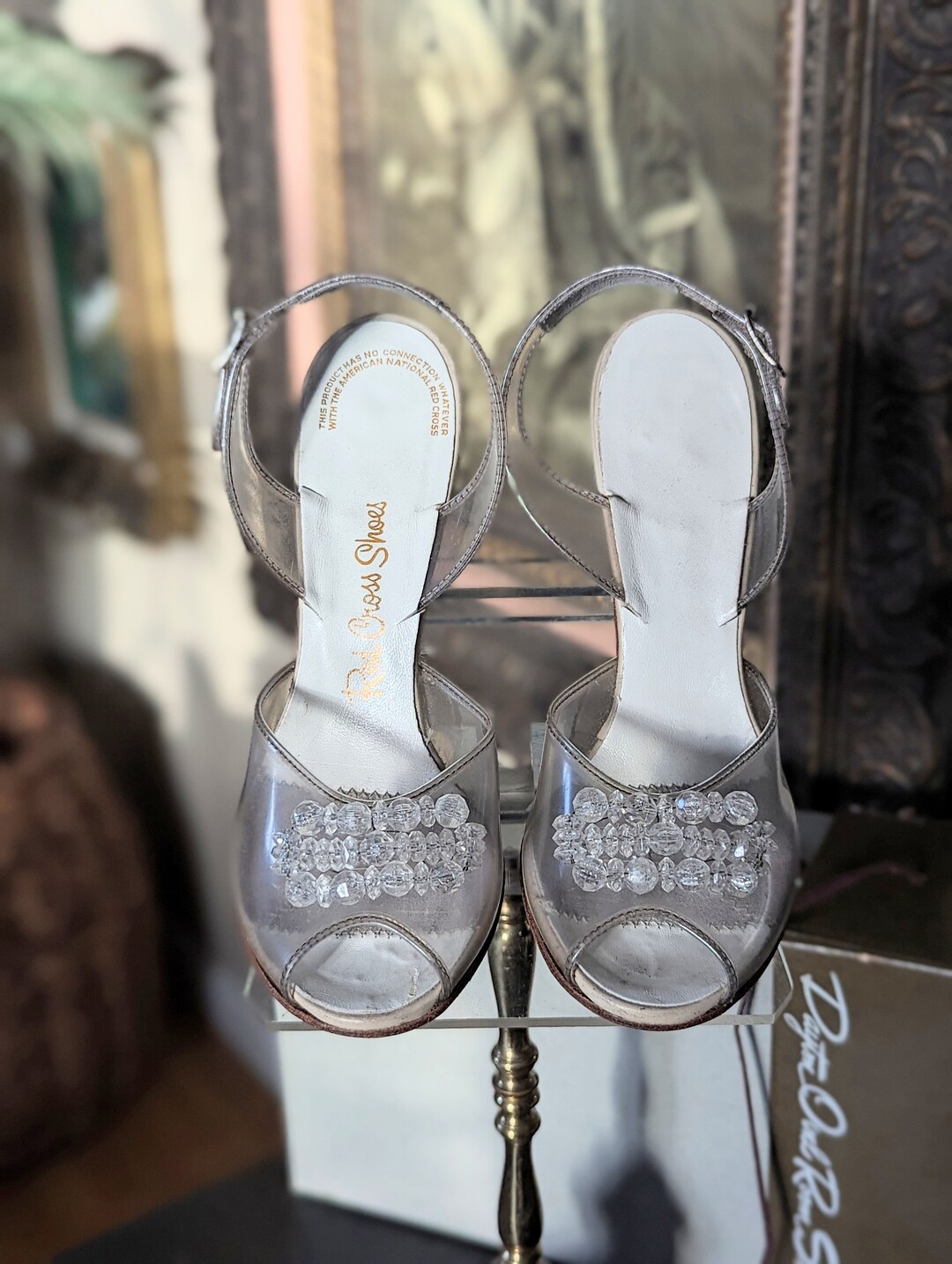 Vintage 1950s red Cross Shoes Clear Vinyl Peep Toe Stilettos With ...
