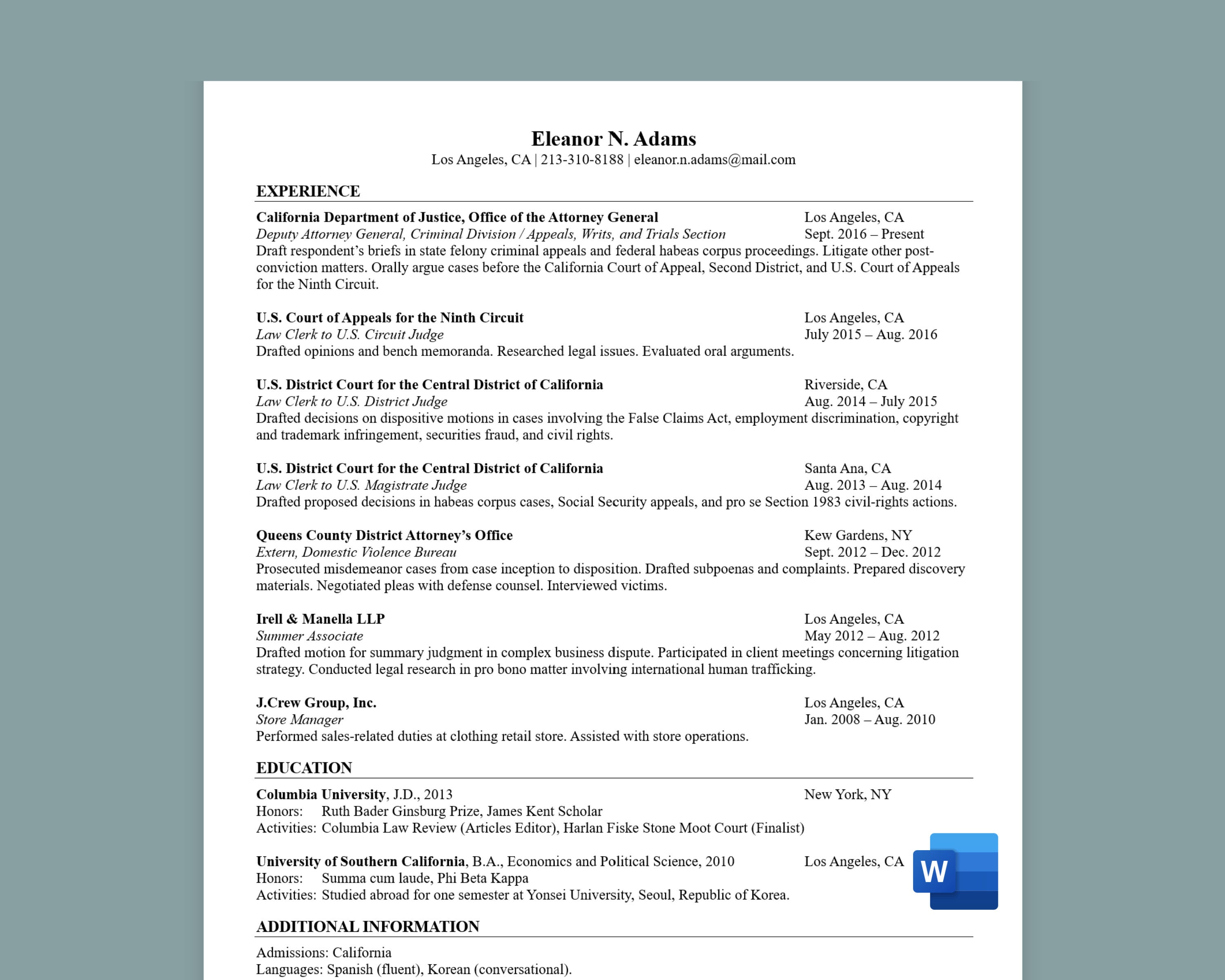 Legal Resume Template | Clean Simple Minimalist Ats-friendly CV ...
