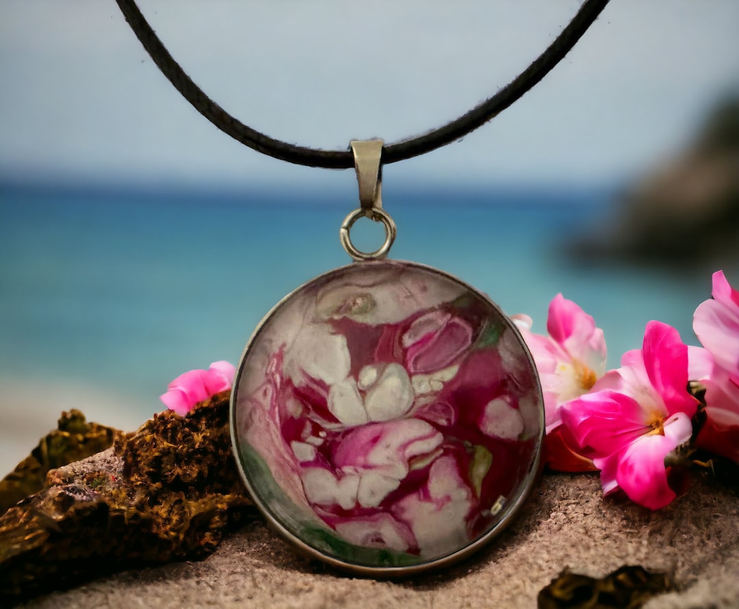 Marble Magenta Acrylic Pour Pendant Neclace, Magenta Pink White Flora ...