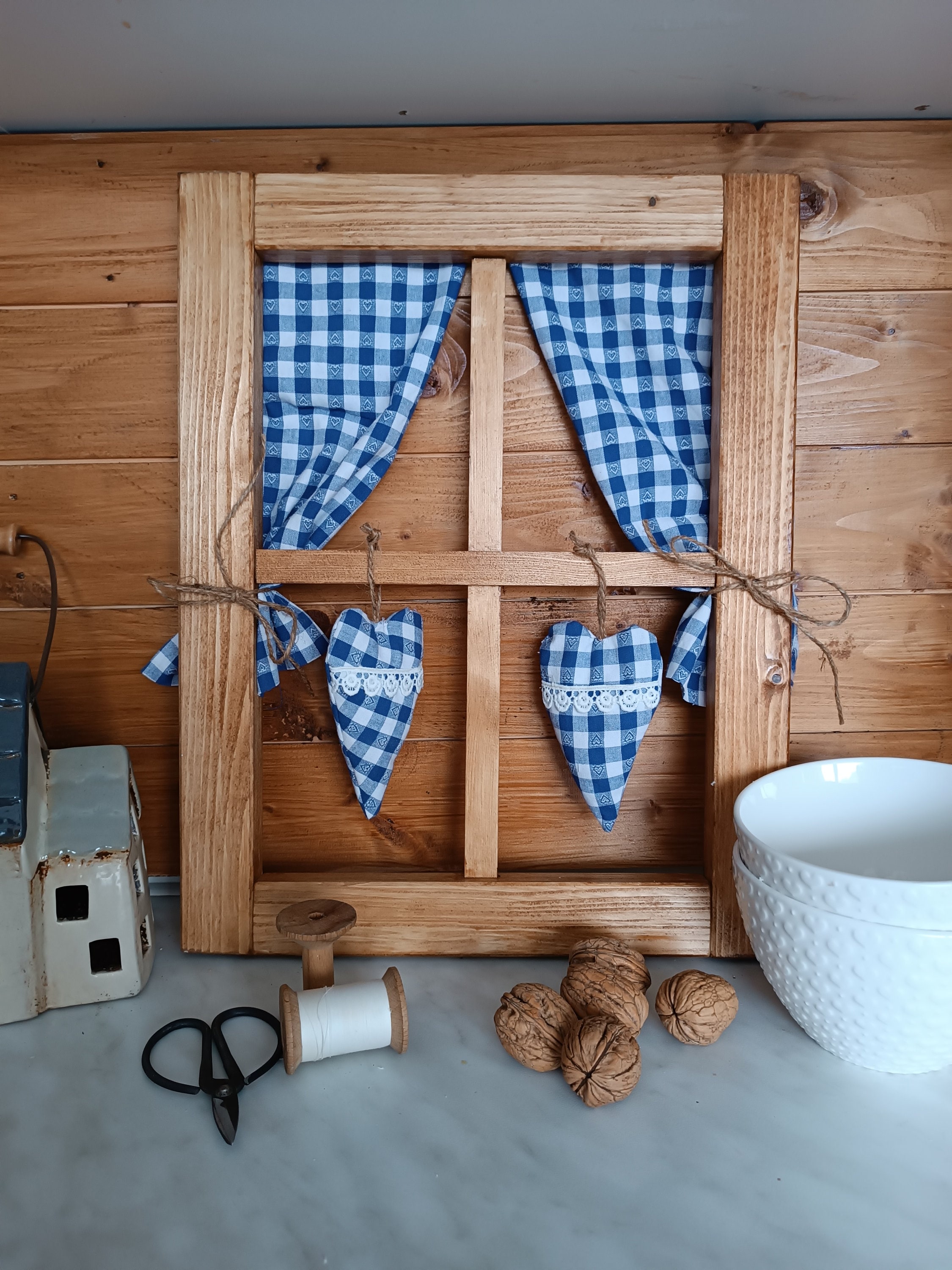 Rustic Decorative Window, Sko With Blue Curtain and Heart Ornaments ...