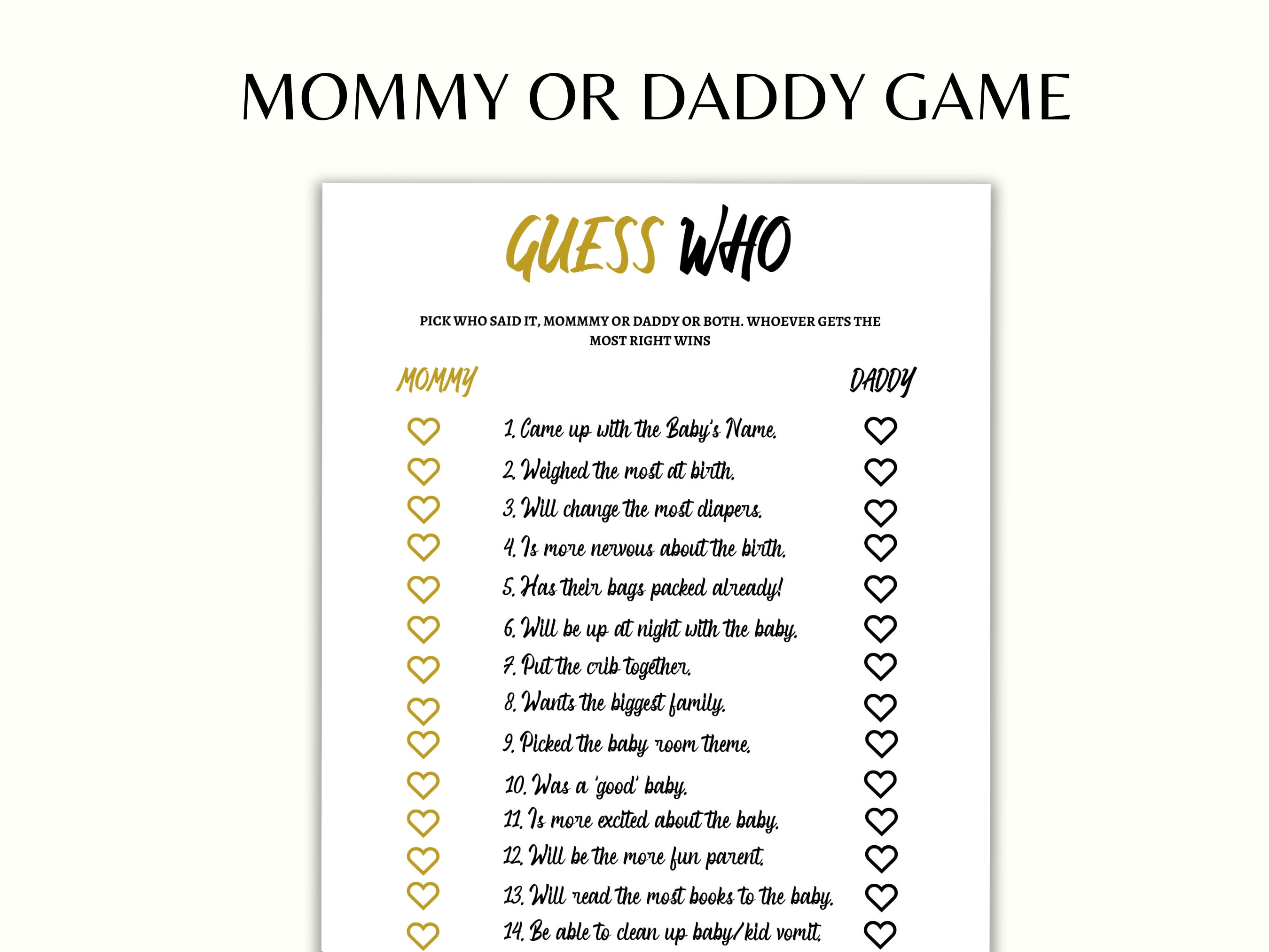 Mommy or Daddy Baby Shower Game| Gold Guess Who Baby Shower Game ...