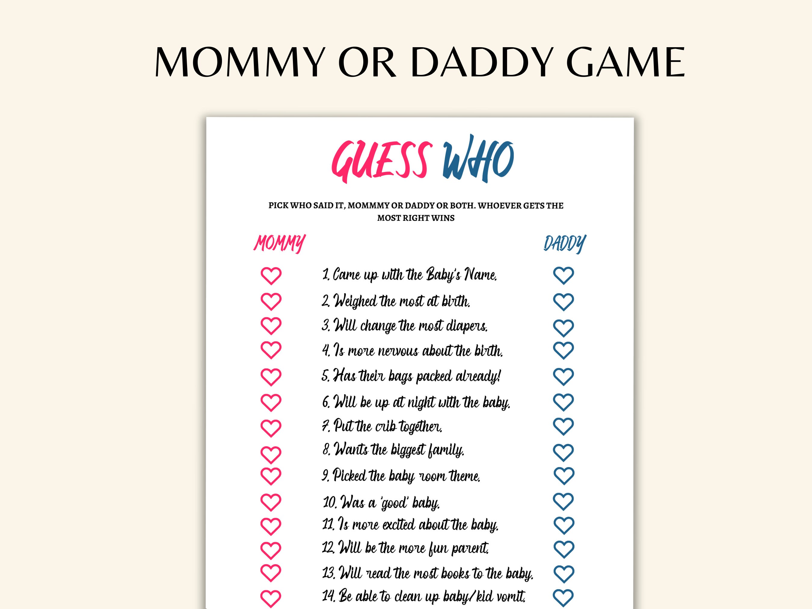 Mommy or Daddy Baby Shower Game Pink and Blue Guess Who Baby Shower ...