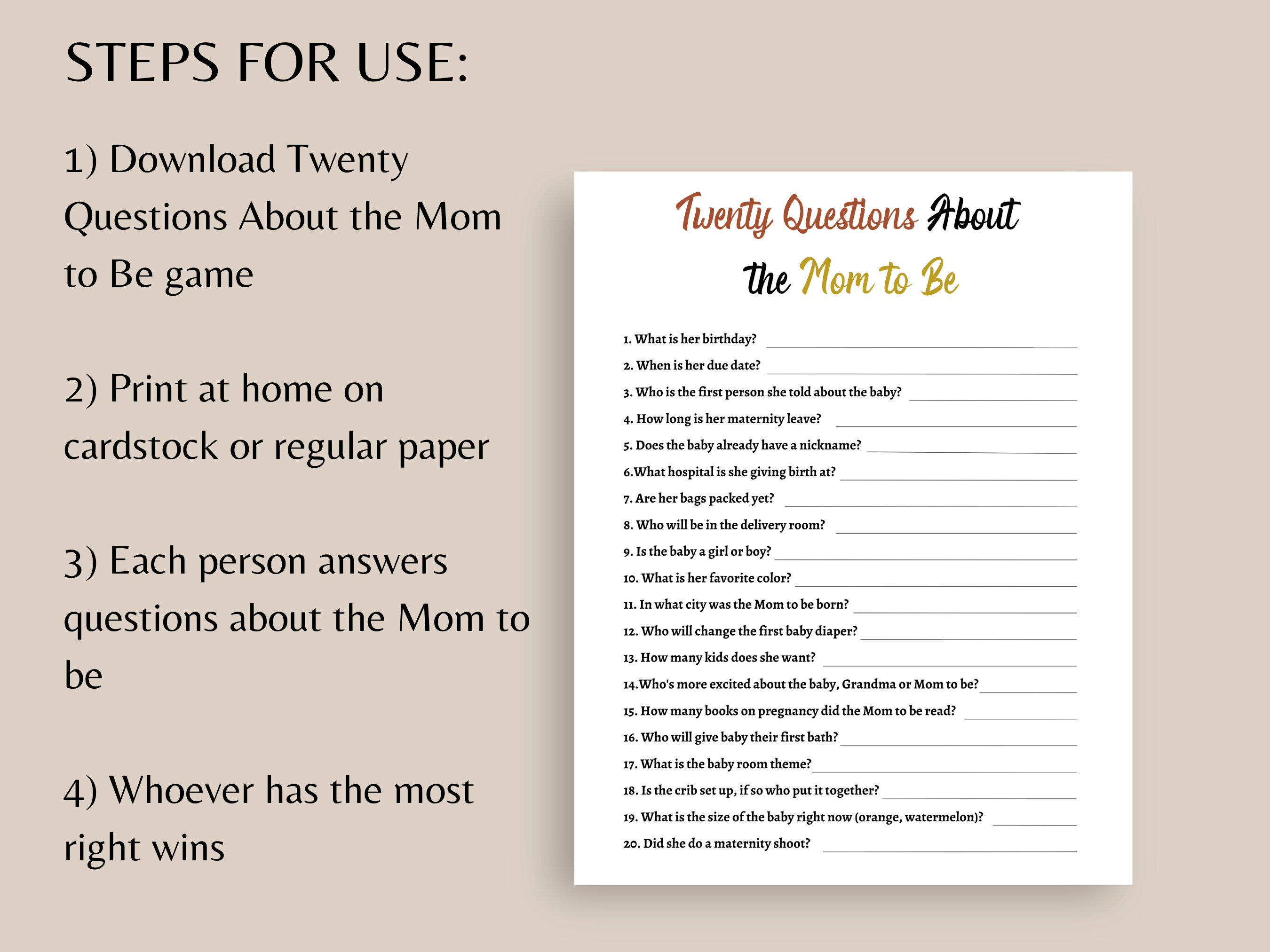 Twenty Questions About the Mom-to-be - Printable Baby Shower Game - Etsy