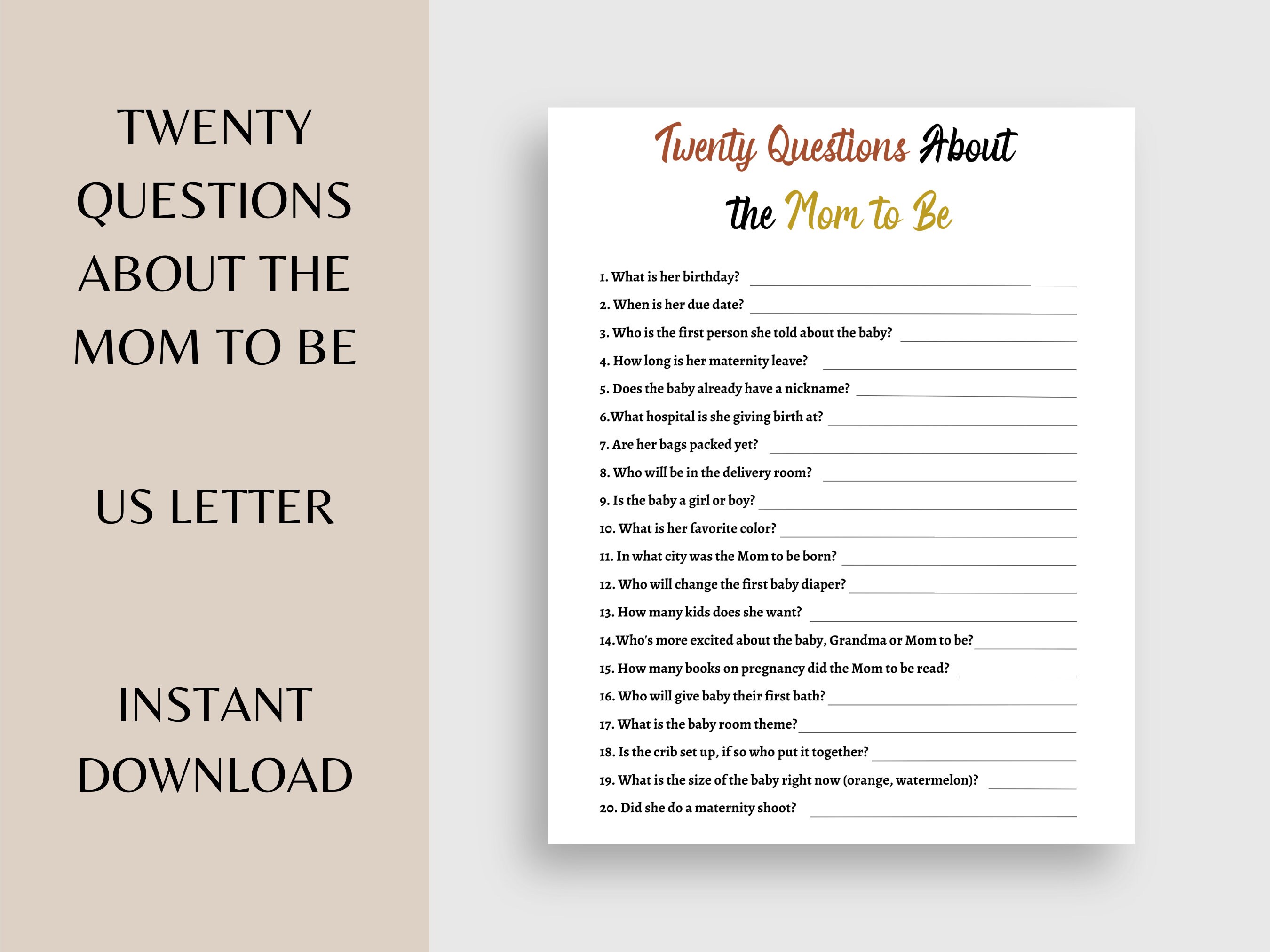 Twenty Questions About the Mom-to-be - Printable Baby Shower Game - Etsy