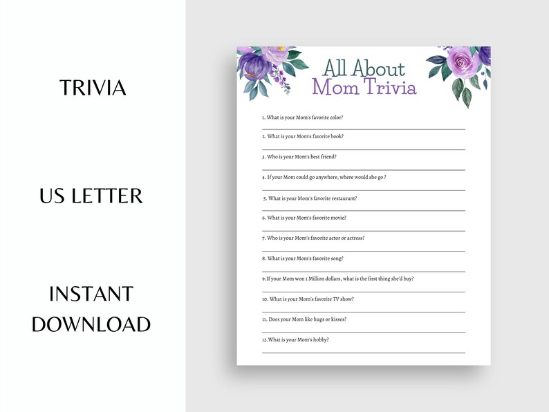 Mother's Day Trivia| All About Mom Trivia Game| Mother's Day Game for ...