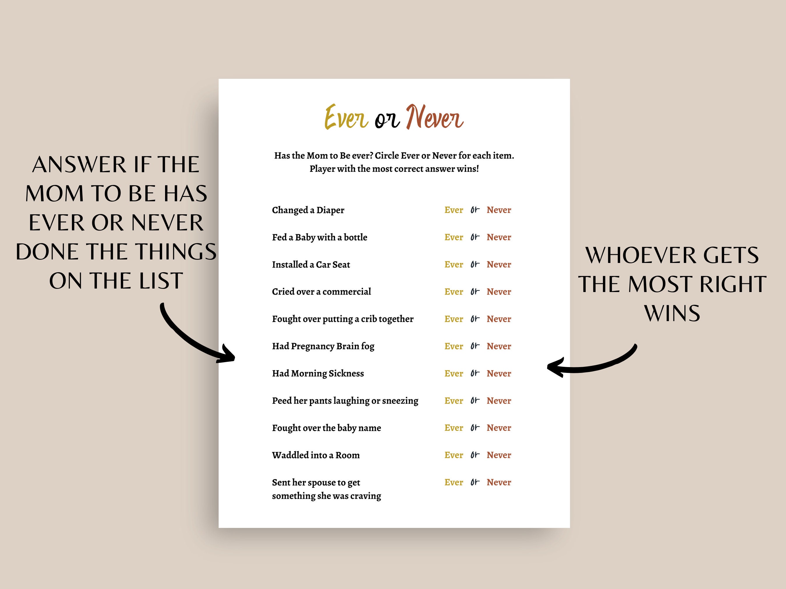 Ever or Never Baby Shower Game | Fun Printable Game for Mom-to-be's ...