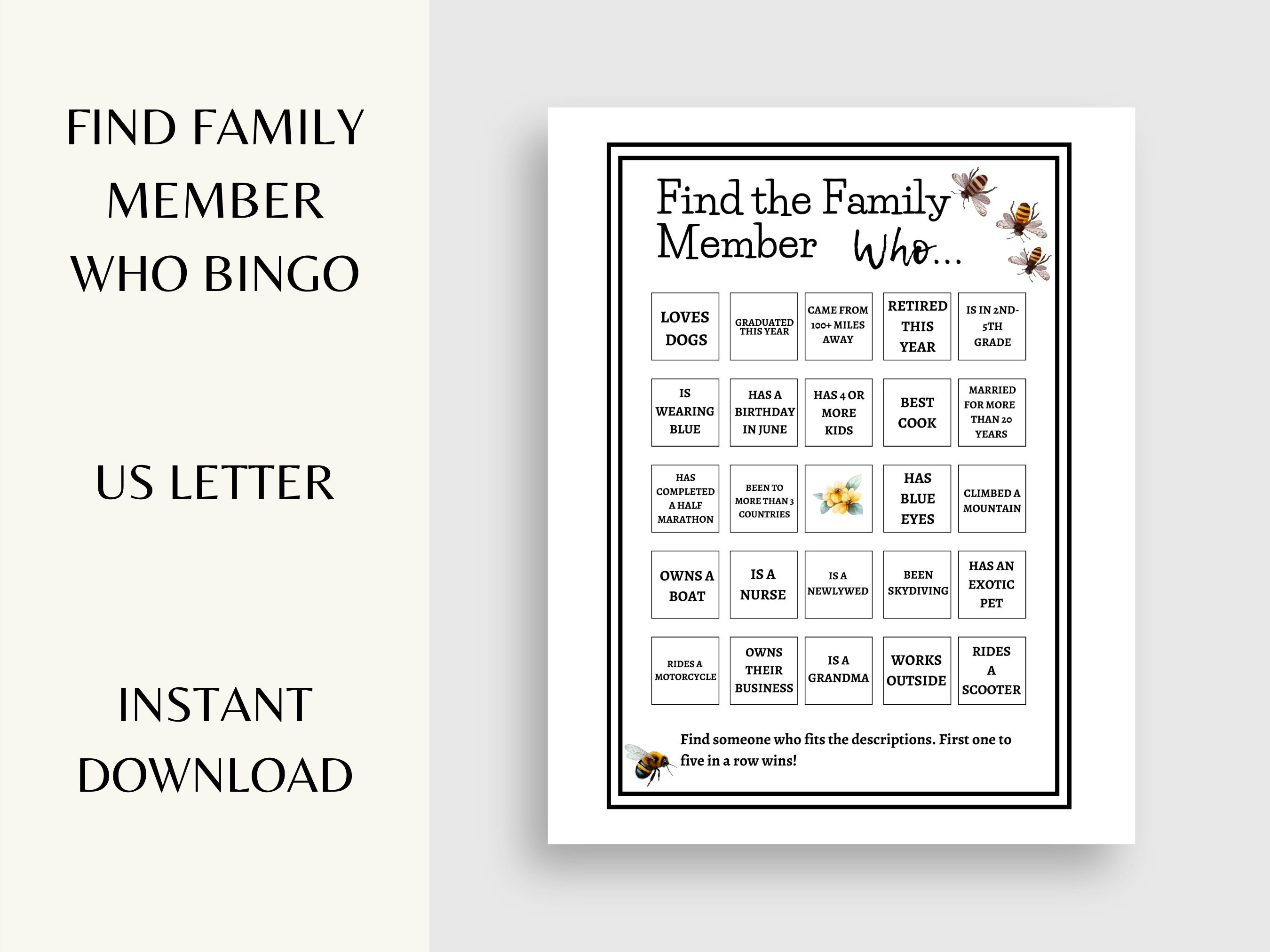Family Reunion Bingo| Find the Guest Bingo| Find the Family Member Who ...