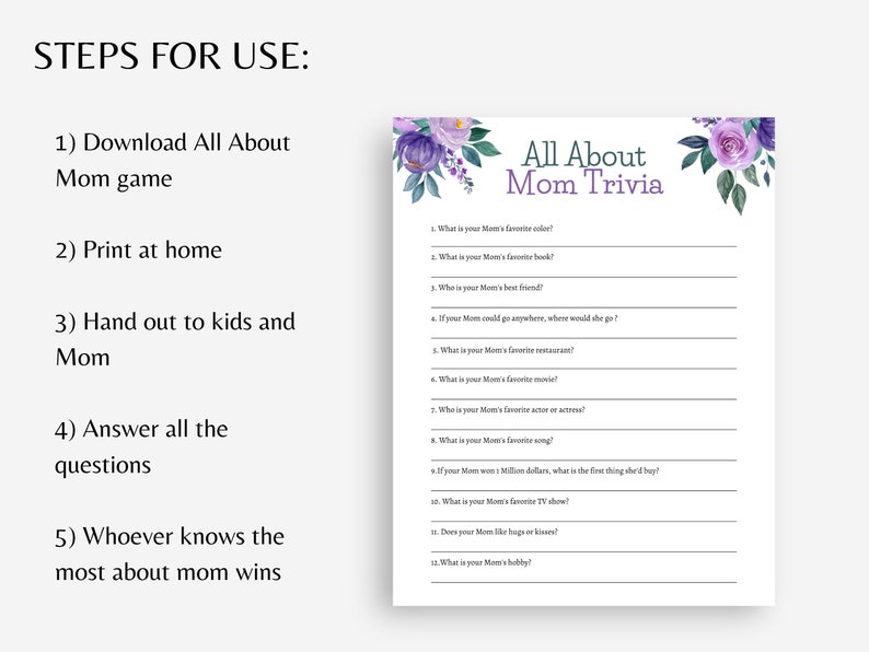 Mother's Day Trivia| All About Mom Trivia Game| Mother's Day Game for ...