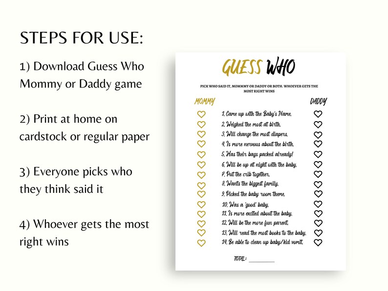 Mommy or Daddy Baby Shower Game| Gold Guess Who Baby Shower Game ...