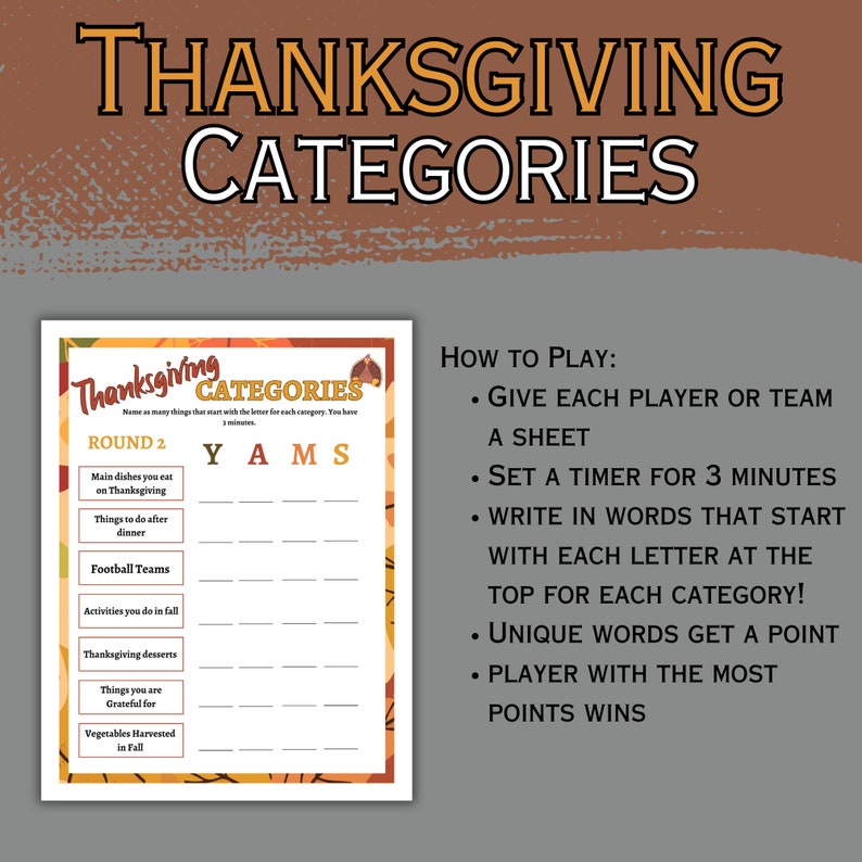 Thanksgiving Game for Adults| Thanksgiving Categories| Thanksgiving ...