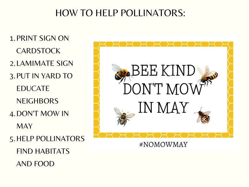 No Mow May Sign| Printable No Mow May Yard Sign| Bee Kind Sign| Save ...