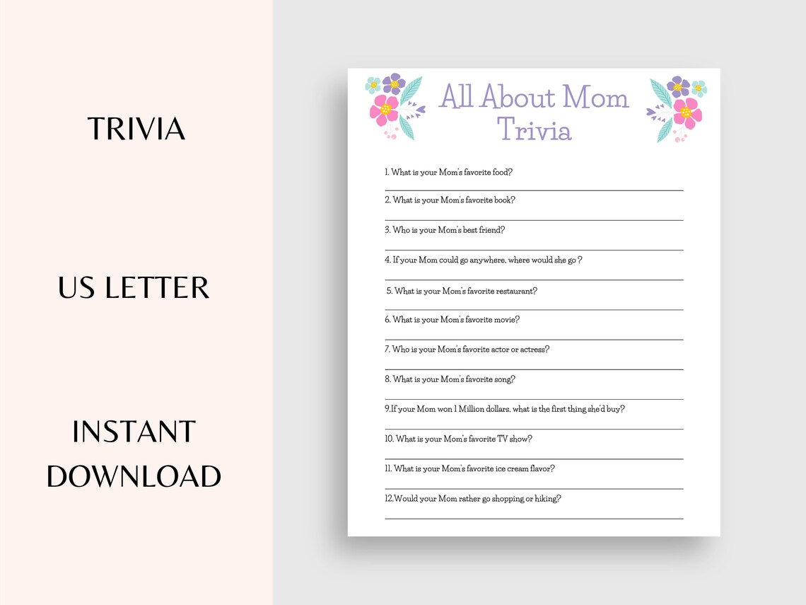 Mother's Day Trivia All About Mom Quiz Mother's Day Game for Families ...