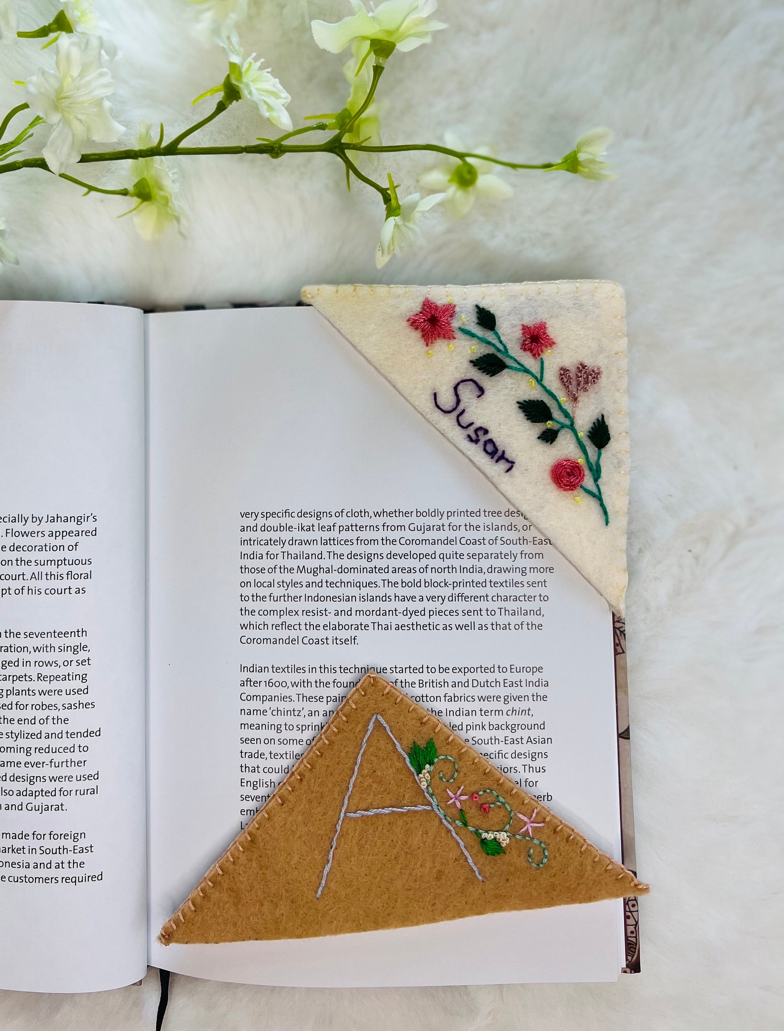 Custom Hand Embroidered Initial Corner Bookmark, Floral Felt Bookmark ...