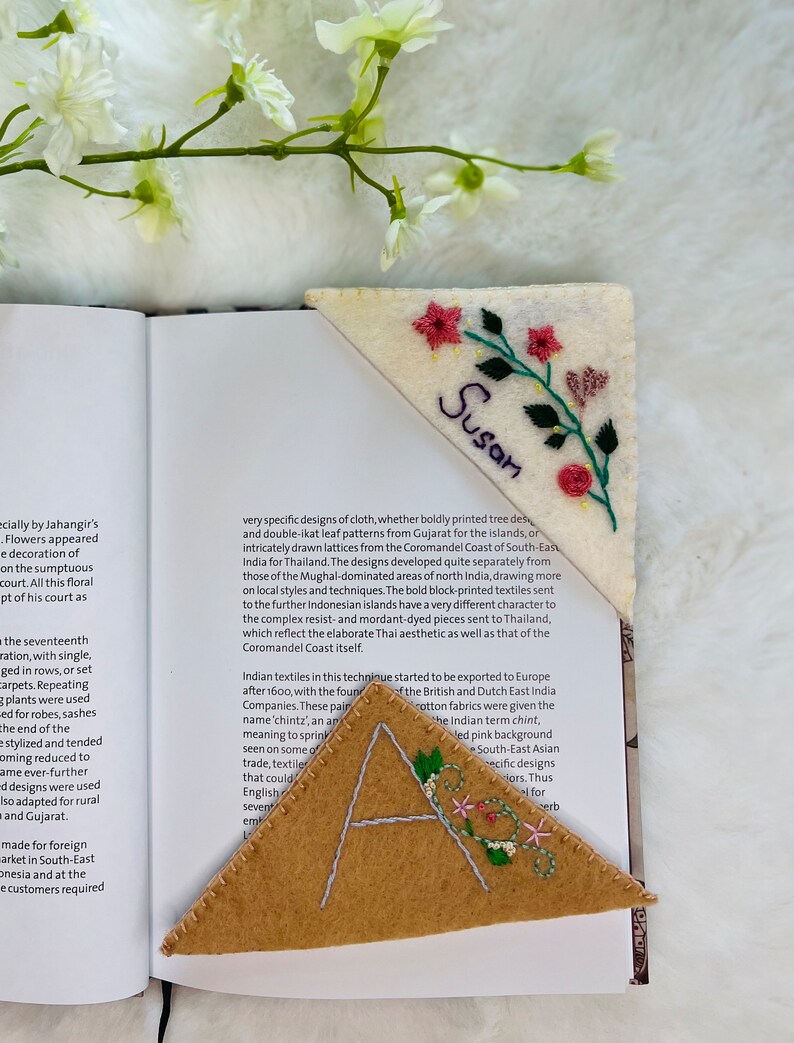 Custom Hand Embroidered Initial Corner Bookmark, Floral Felt Bookmark ...