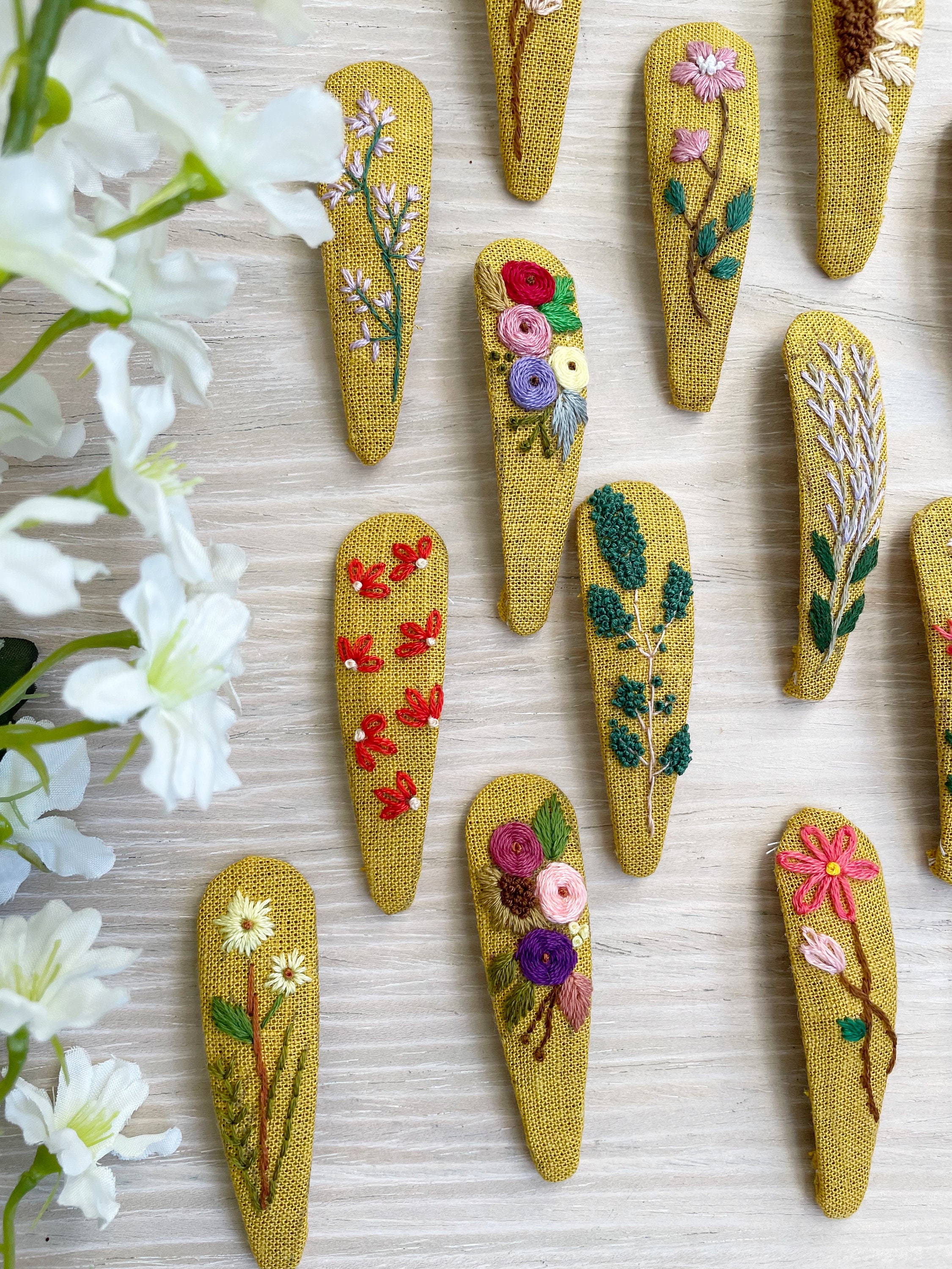 Vintage Floral Embroidered Snap Clips set of 2 , Linen Snap Clip ...