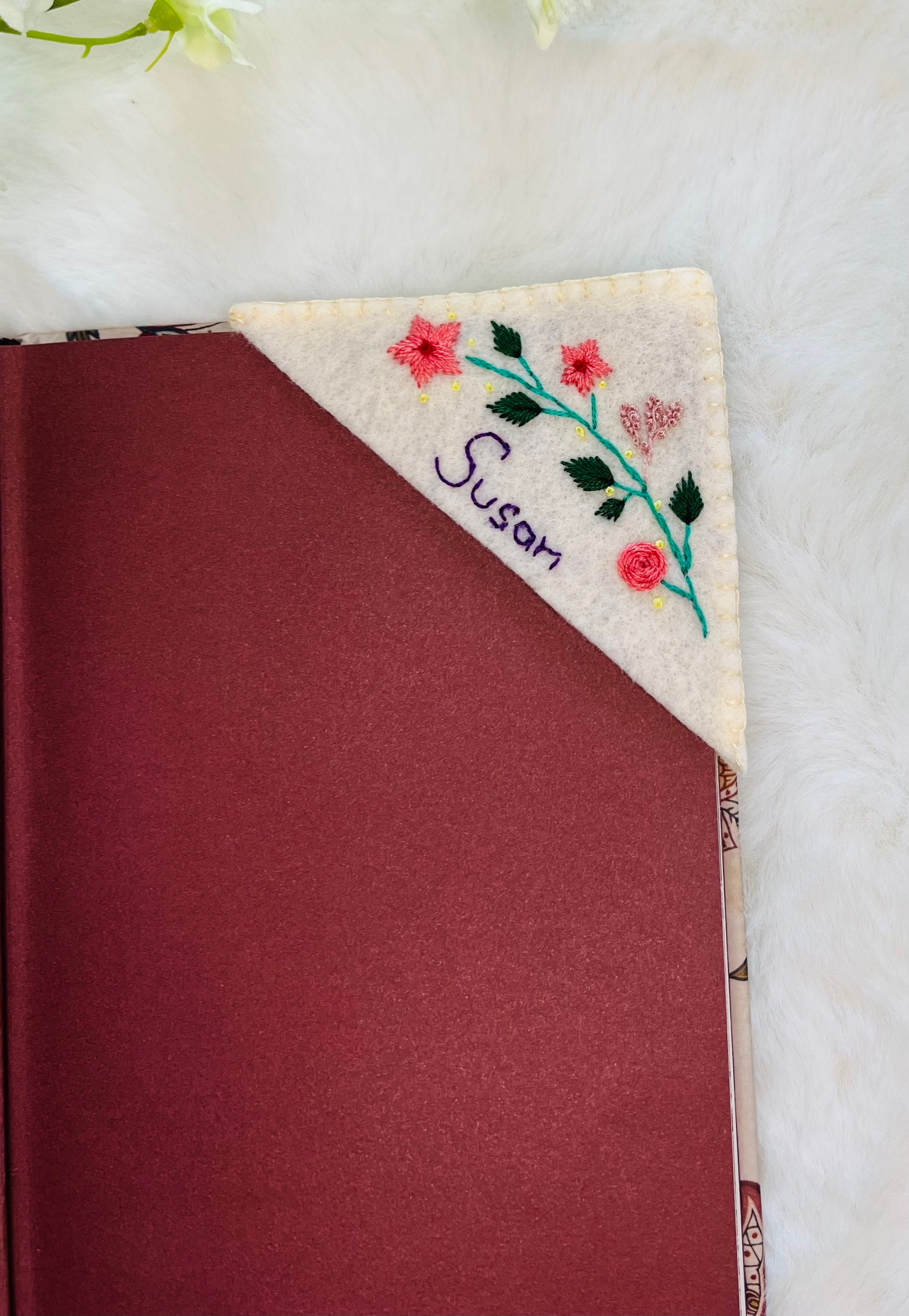 Custom Hand Embroidered Initial Corner Bookmark, Floral Felt Bookmark ...