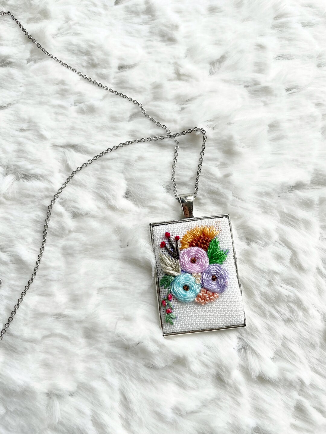 Wildflower Embroidered Pendant Necklace, Hand Embroidered Jewelry ...