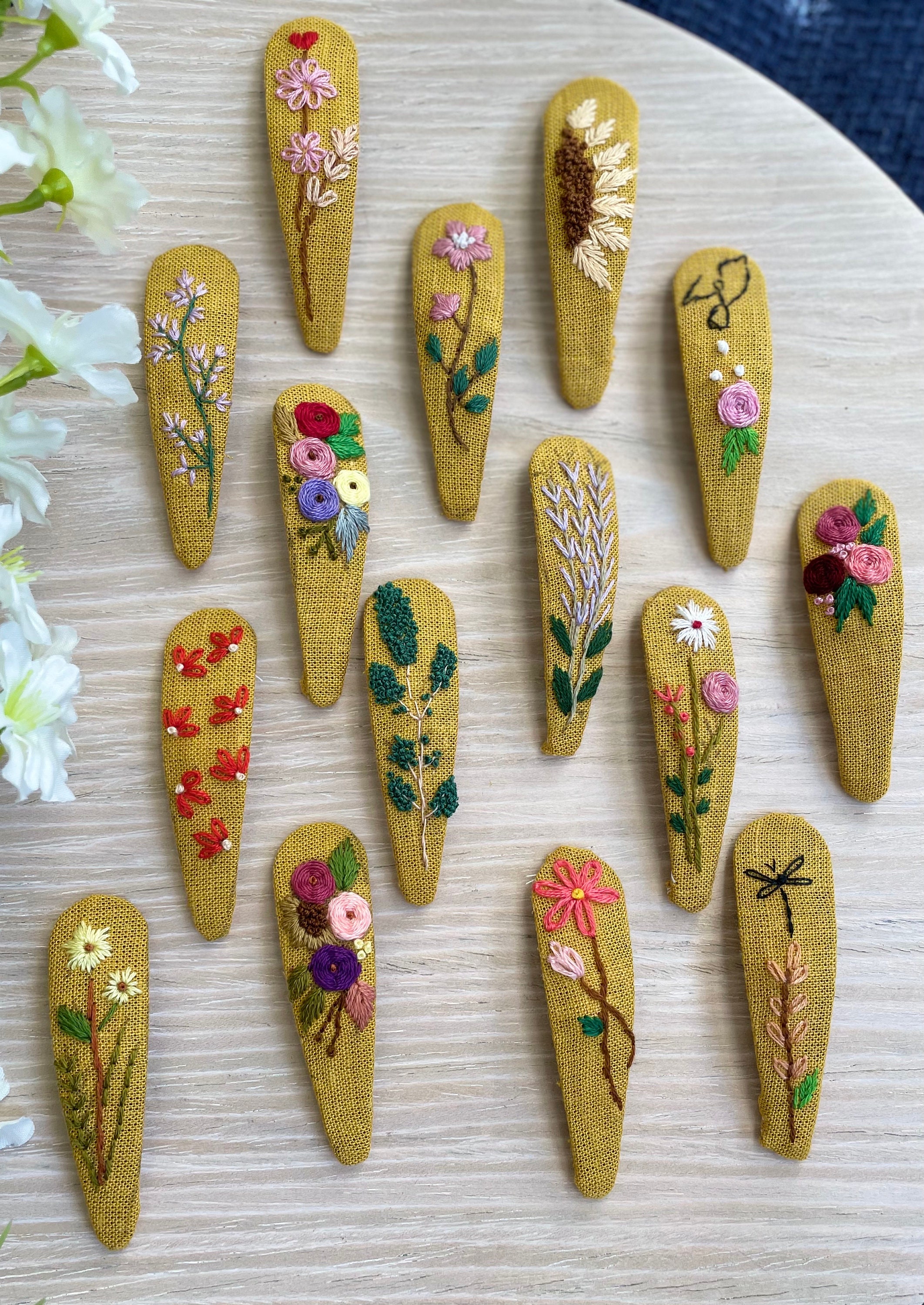 Vintage Floral Embroidered Snap Clips set of 2 , Linen Snap Clip ...