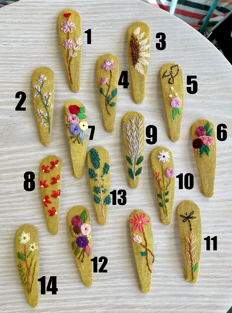 Vintage Floral Embroidered Snap Clips set of 2 , Linen Snap Clip ...