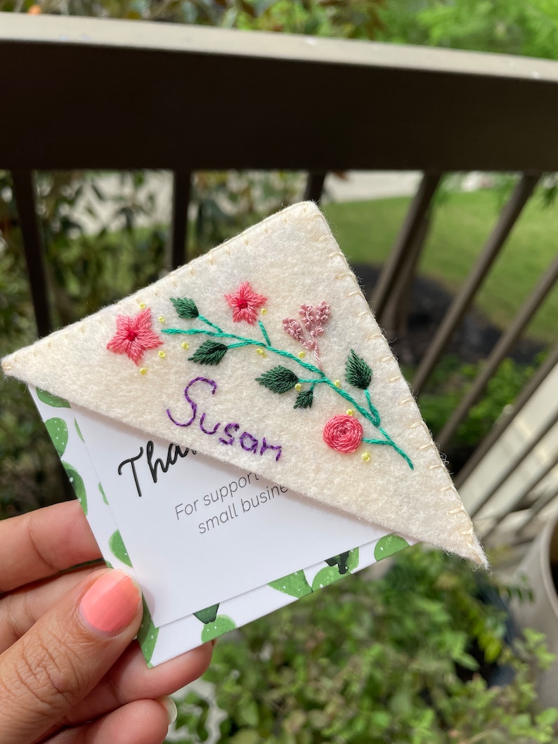 Custom Hand Embroidered Initial Corner Bookmark, Floral Felt Bookmark ...
