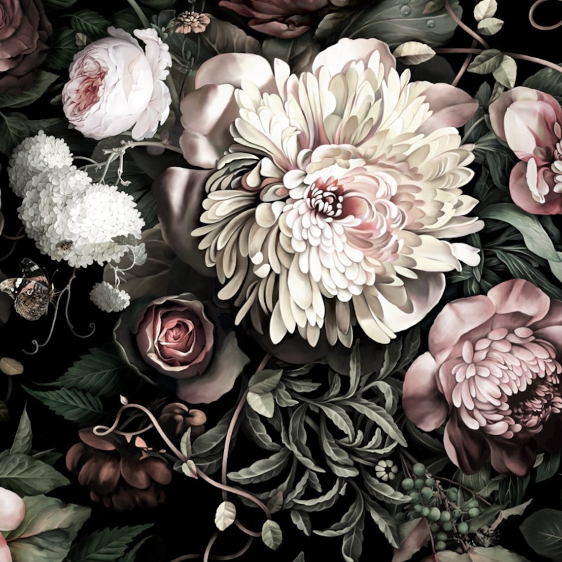 Dark Floral II Wallpaper - Etsy