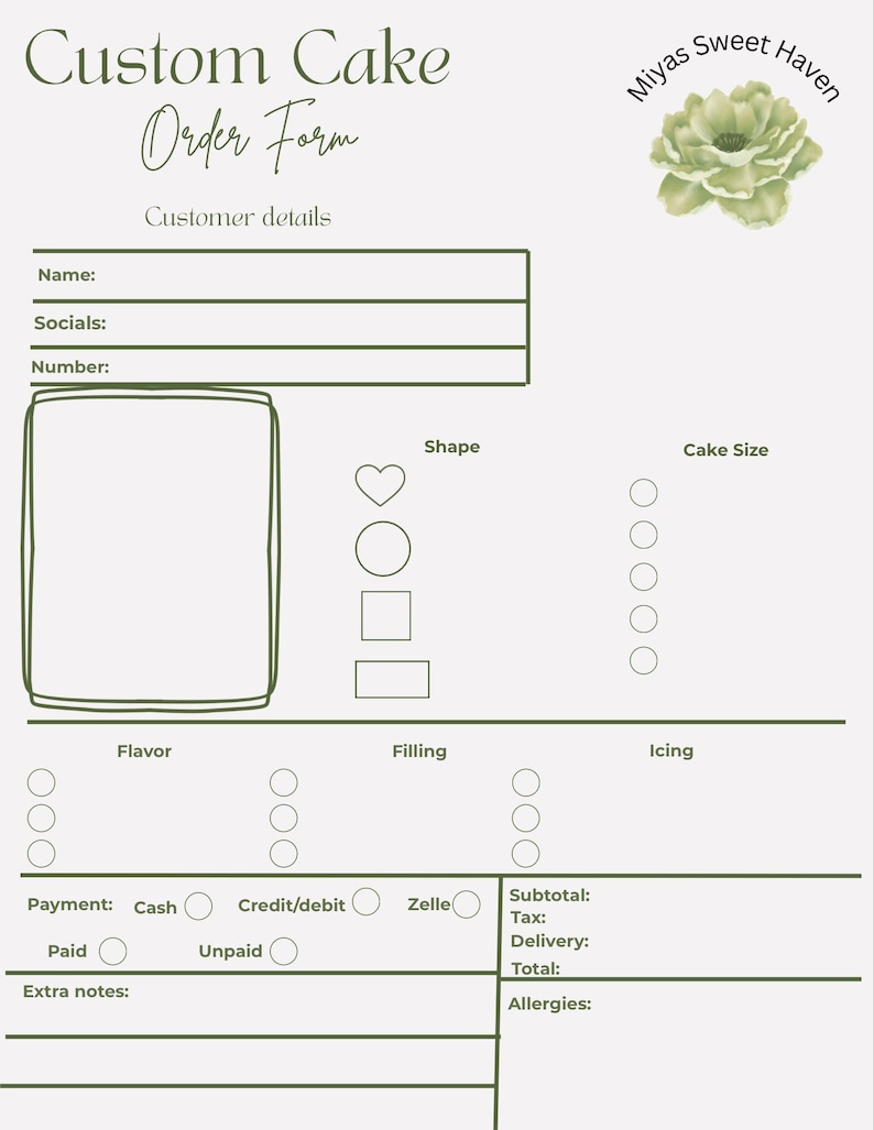 Editable Cake Order Form | Printable Baking Business Sheet (digital Download) English - Etsy