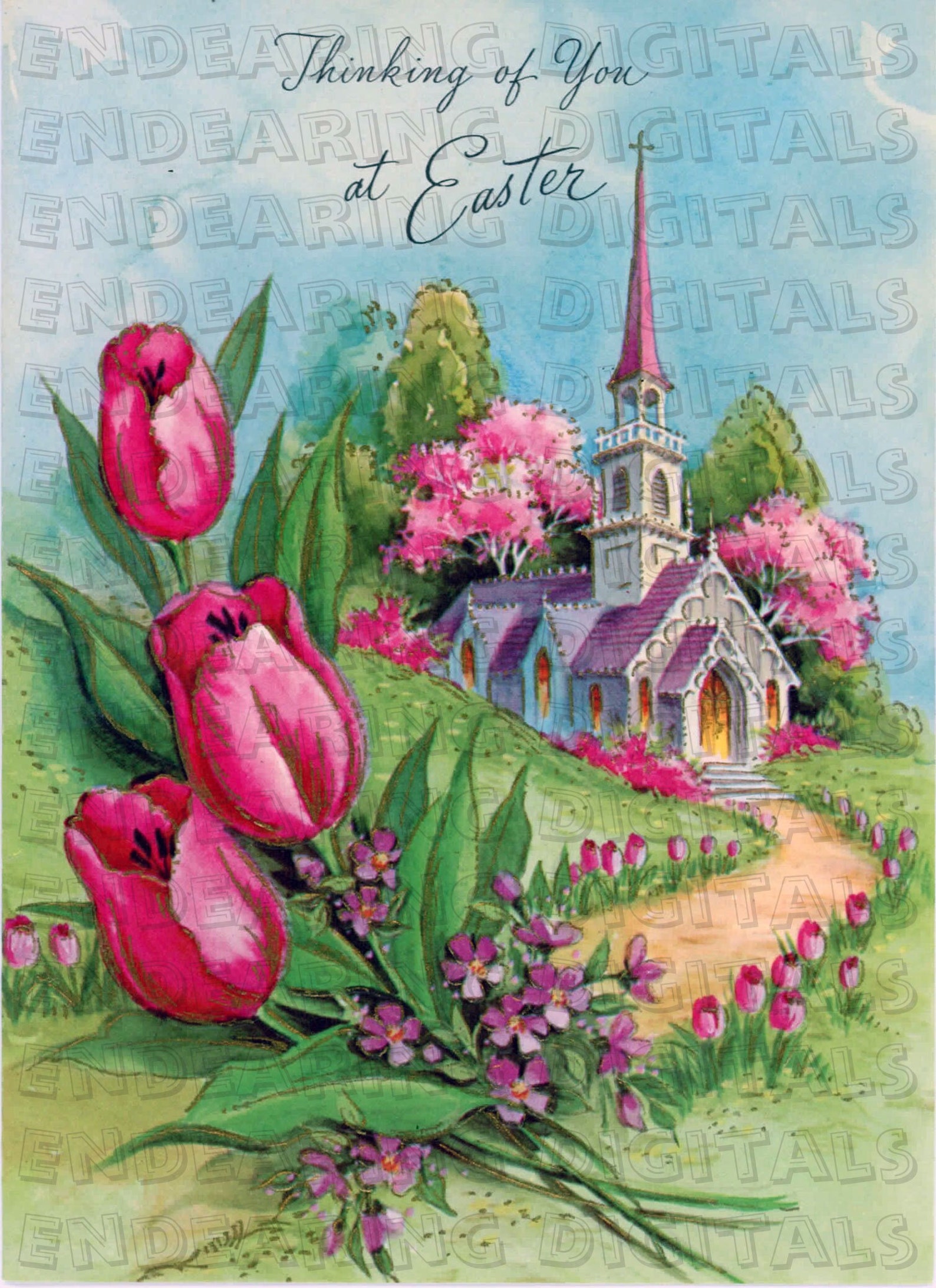 Vintage Easter Card 1960s Church Scene With Flowers Digital Download ...