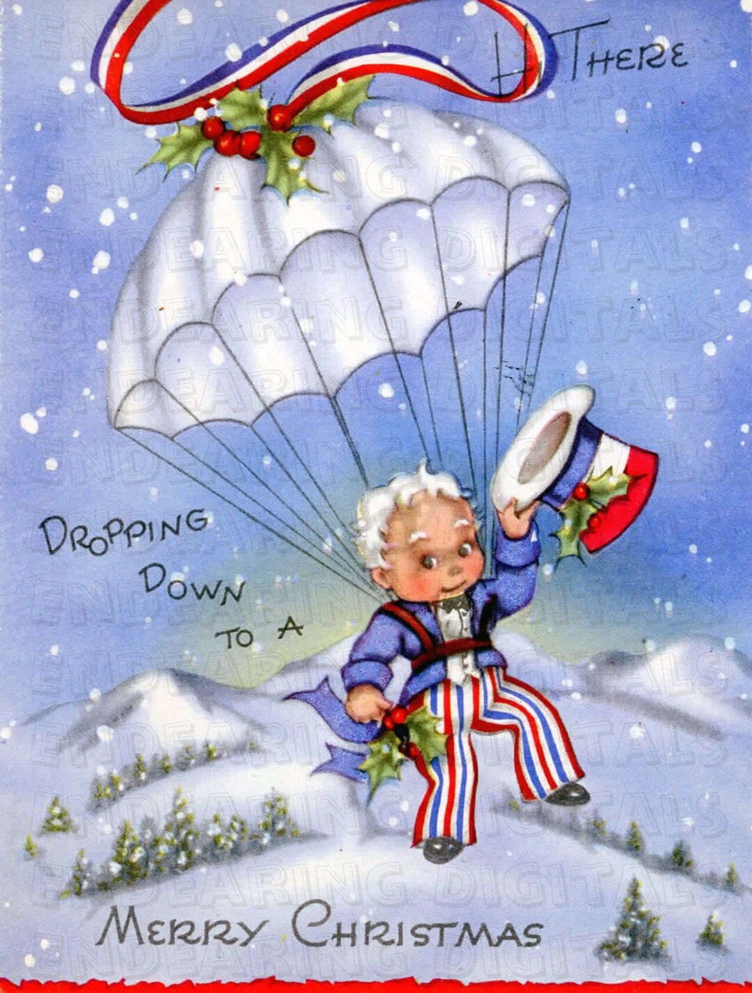 Vintage Uncle Sam Santa Parachuting Christmas Card 1940s Digital ...