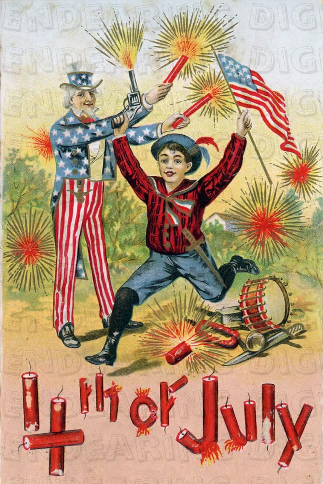 Antique 4th of July Post Card 1900s Americana Uncle Sam Fireworks 3x4.5 ...