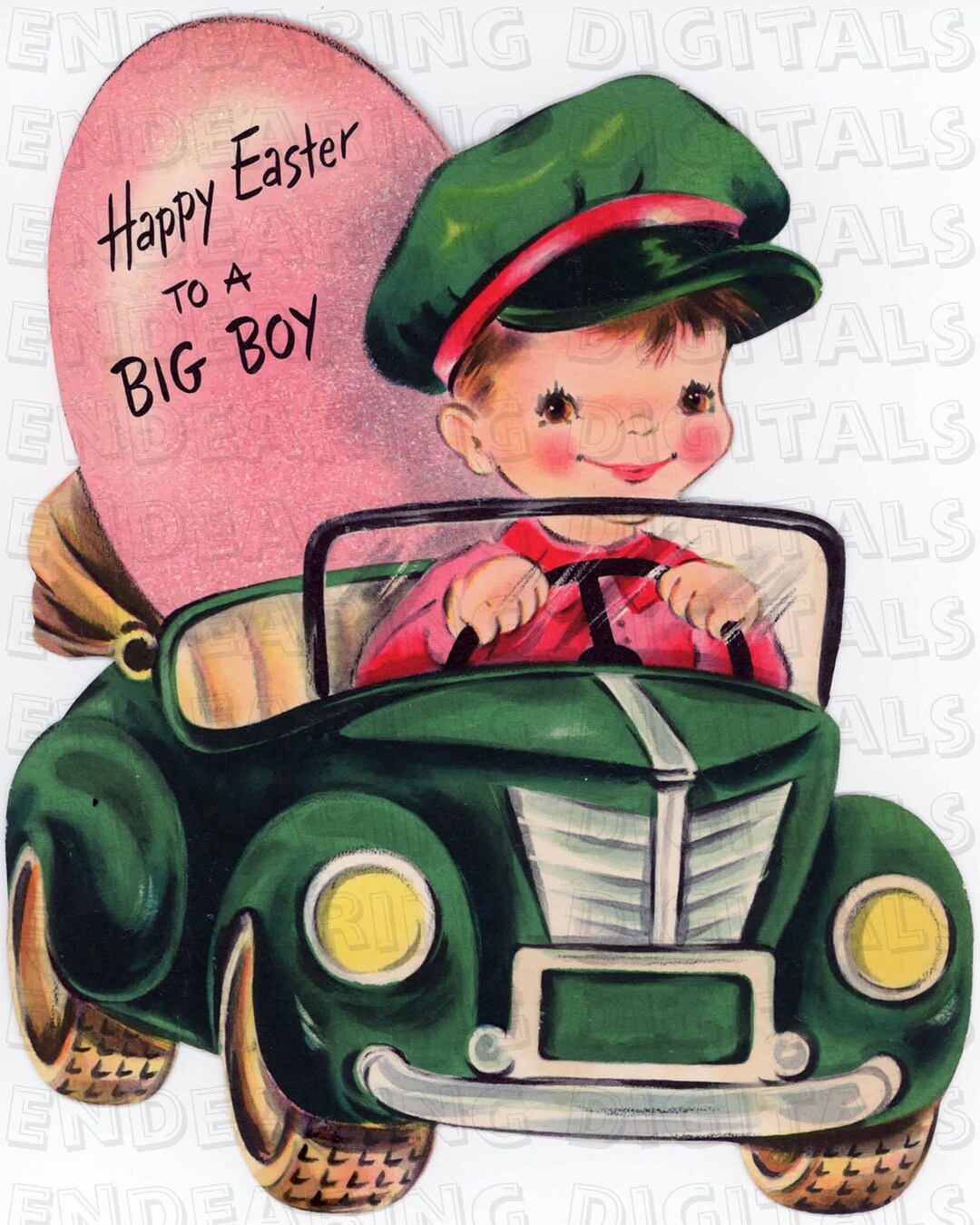 Vintage Children's Easter Card 1950s 1960s Little Boy in Car Pink Egg ...
