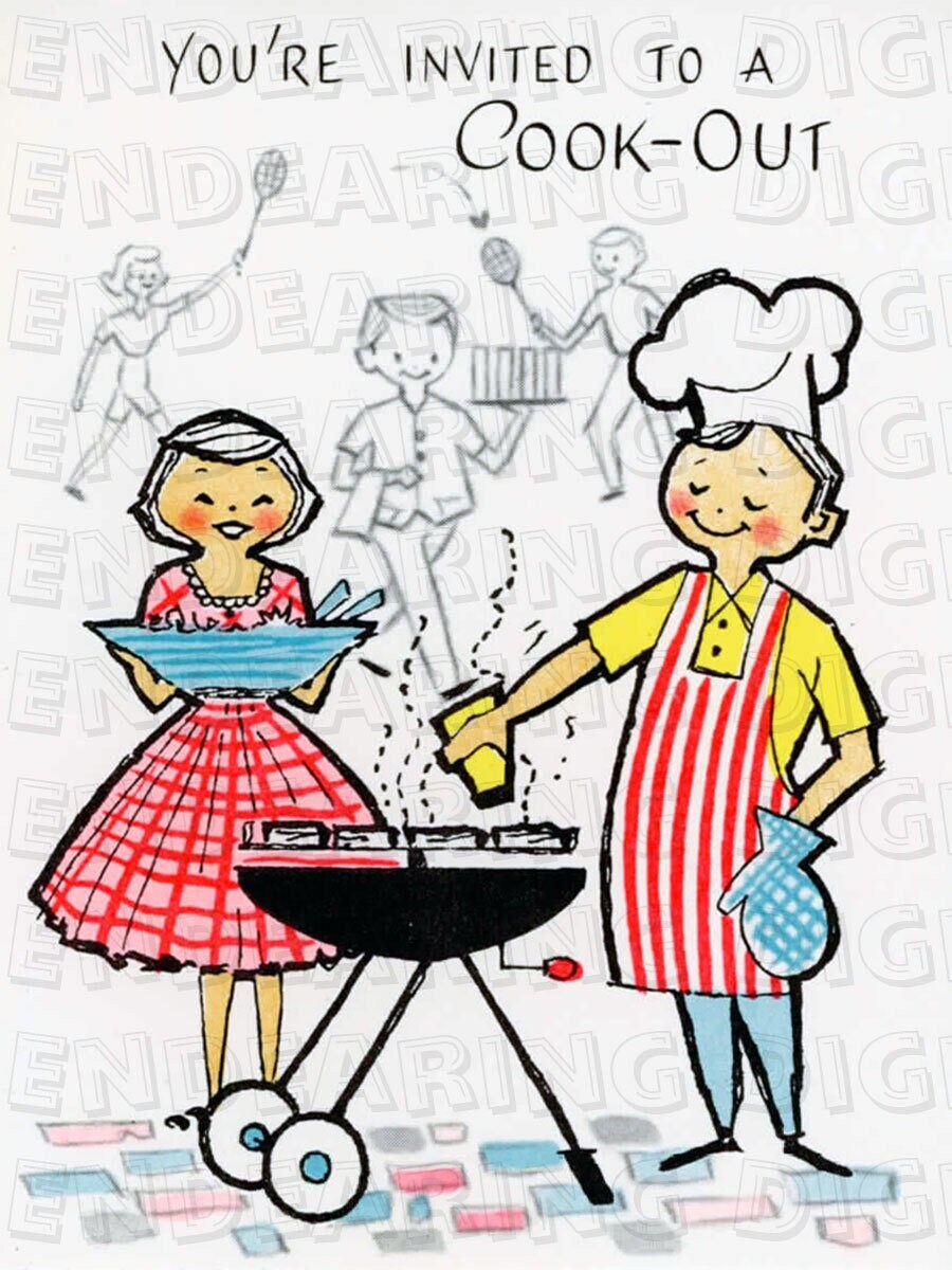 Vintage Party Invitation Card 1960s Cookout Couple Bar-b-que Mid ...