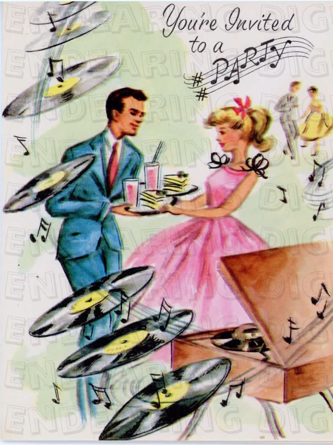 Vintage Party Invitation 1950s 1960s Retro Record Player Dancers Mid ...