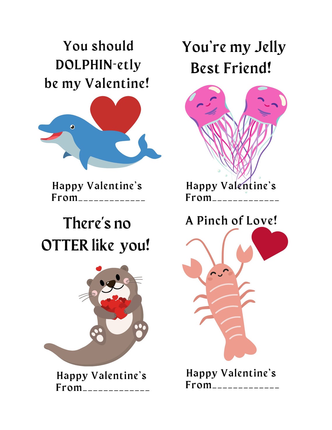 Sea Animal Valentine's Printable Cards for Kids. Cute, Star Fish, Jelly ...