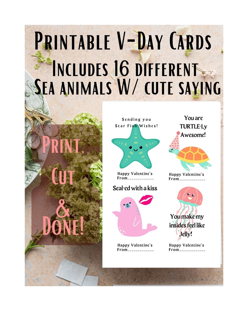 Sea Animal Valentine's Printable Cards for Kids. Cute, Star Fish, Jelly ...