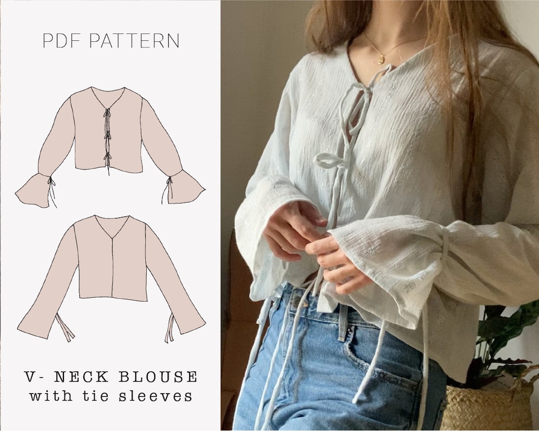 V - Neck Blouse With Tie Sleeves PDF Pattern | Pdf Printable Sewing ...