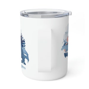 Wrap Around Watercolor Mountain Landscape Travel Mug, Prussian Blue Trees 10oz Camping Cup With ...