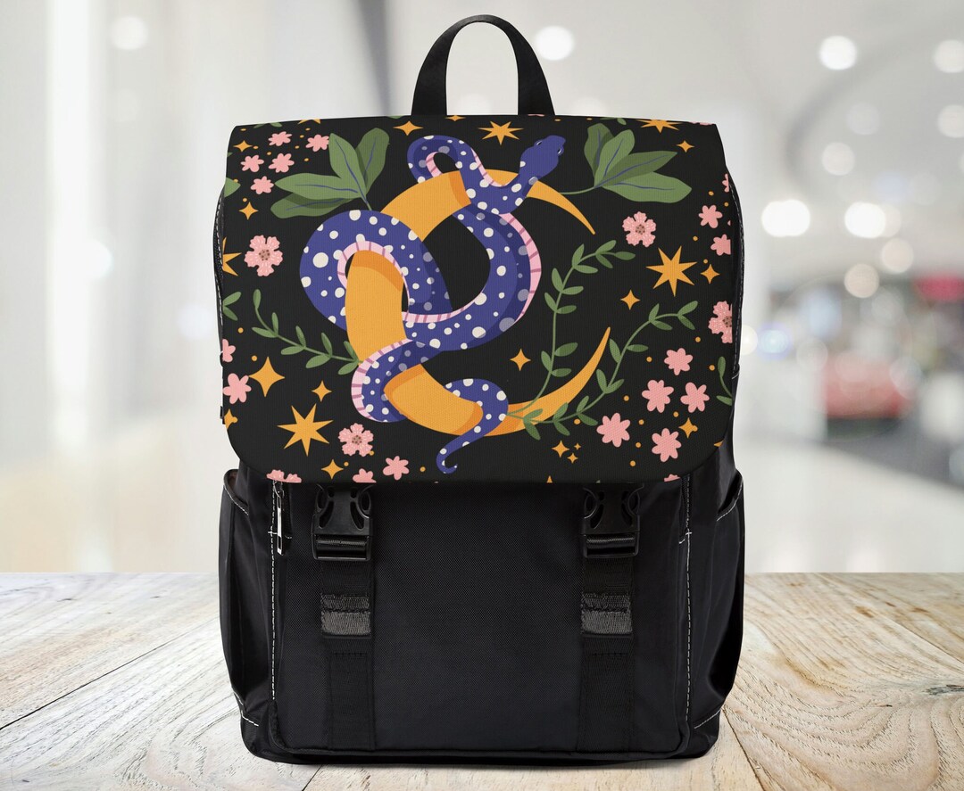 Celestial Snake Backpack, Crescent Moon Witchy Floral Snake Illustration Whimsigoth Bag, Cartoon ...