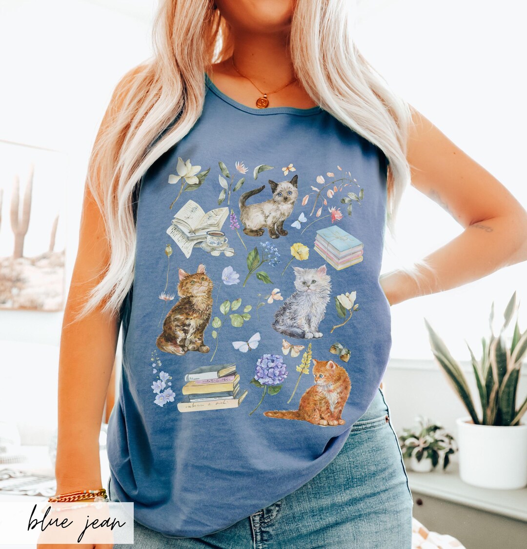 Comfort Colors Cottagecore Cats and Books Tanktop, Floral Vintage ...