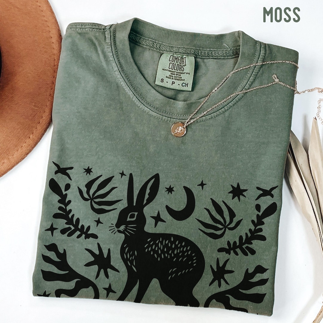 Comfort Colors Dark Celestial Rabbit Shirt : Folk Linocut Style Easter ...