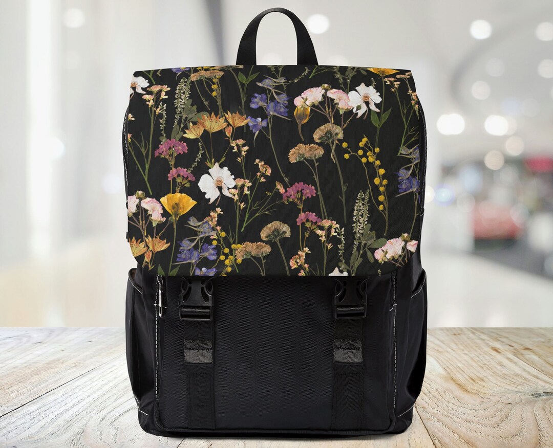 Black Pressed Flower Casual Backpack, Cottagecore Botanical Dried ...