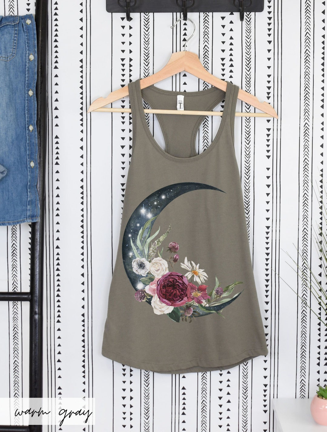 Painted Floral Moon Tank Top, Boho Witchy Cottagecore Moon and ...