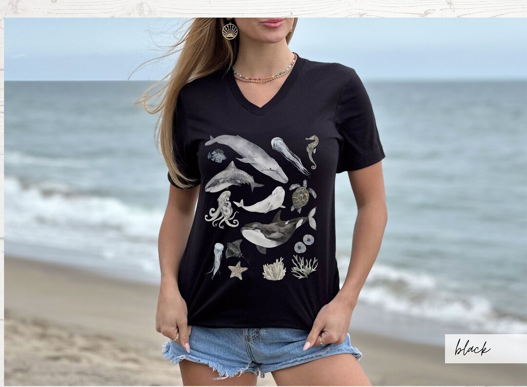 Painted Marine Life Conservation Oceanography V Neck Tee Shirt ...