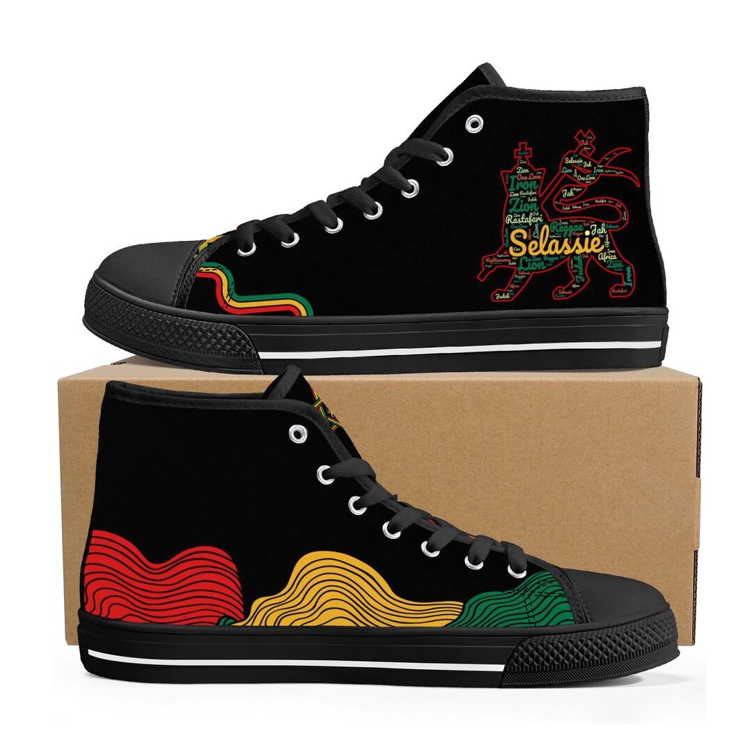 Rasta Lion of Judah High Top Canvas Sneakers Reggae Stripes Black Shoes ...