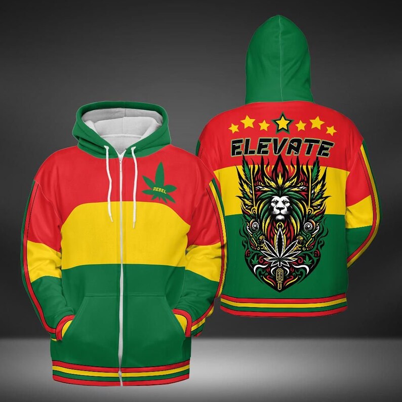 Cannabis Leaf Zip Hoodie 420 Marijuana Reggae Wear Jamaica Fashion ...