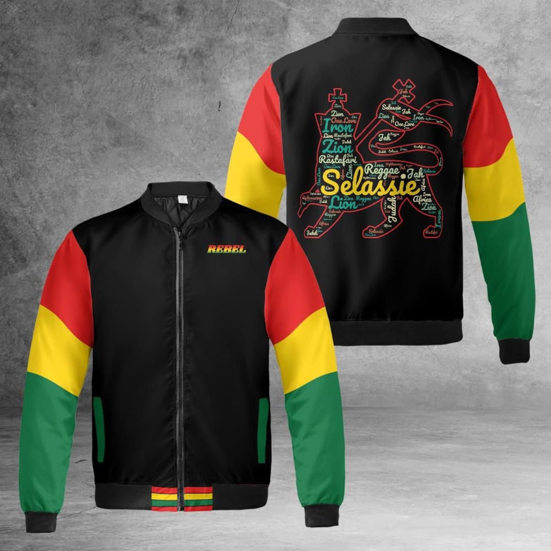 Rasta Jacket Stripe Bomber Jacket Black Lion of Judah Coat Jamaica ...
