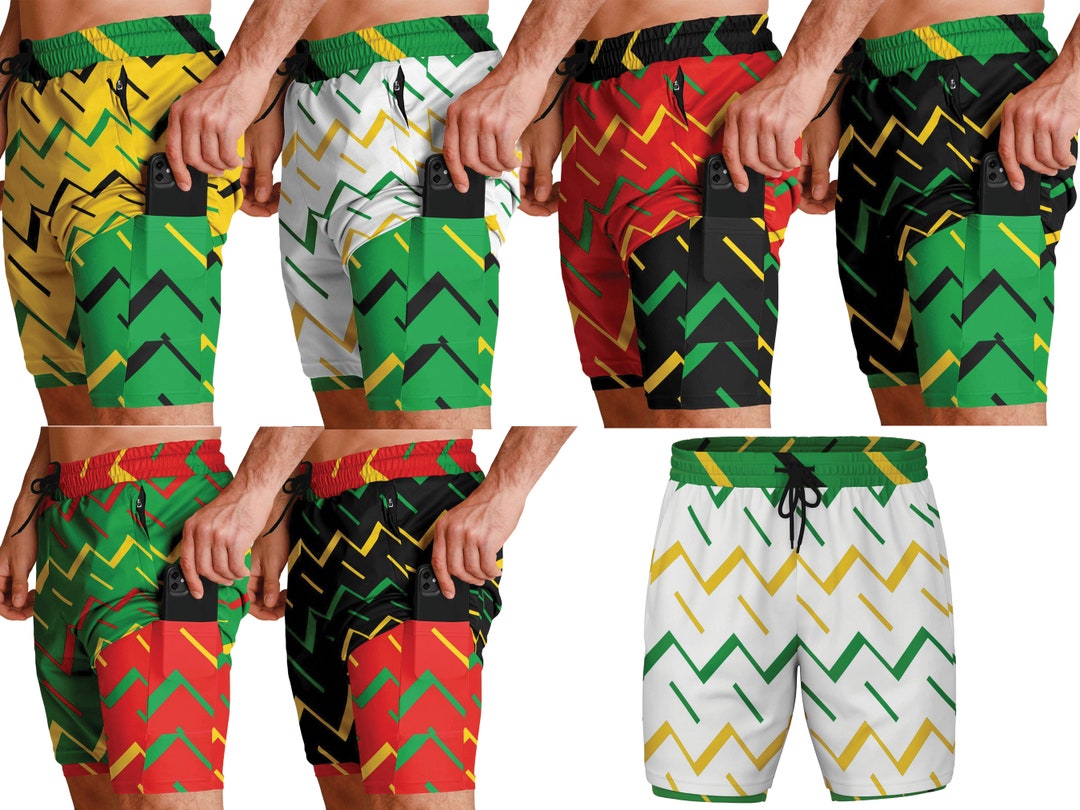 Men 2 in 1 Rasta Jamaican Athletic Compression Shorts Casual Mesh Green ...